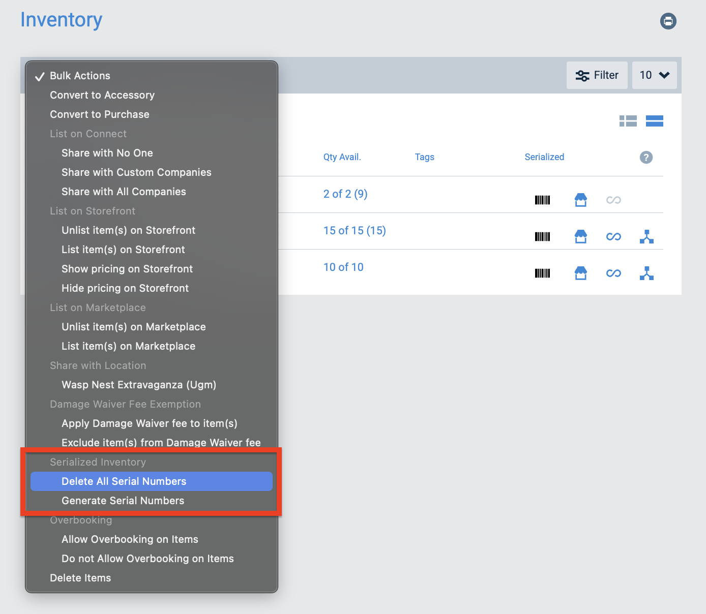 How To: Apply Bulk Actions to Serialized Items on the Items Page – TapGoods