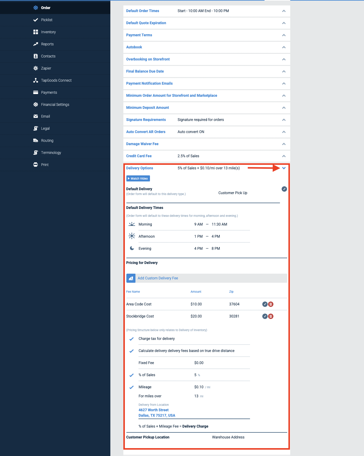 Order Settings: Delivery Options – TapGoods